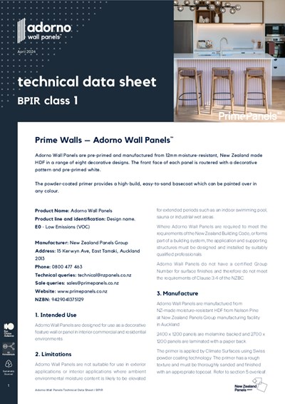 Prime Adorno Wall Panels Technical Data Sheet / BPIR | Prime Panels