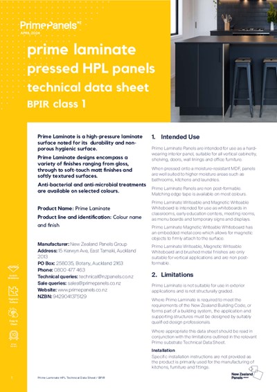 Prime Laminate Pressed HPL Panels Technical Data Sheet / BPIR | Prime Panels